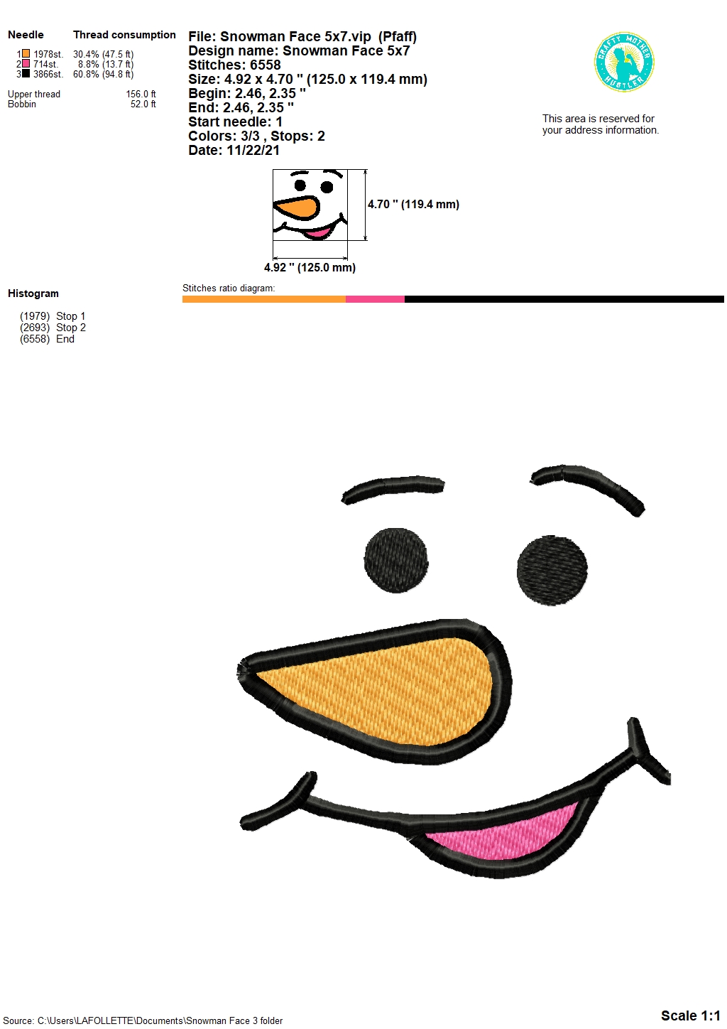 Snowman Face Embroidery Design