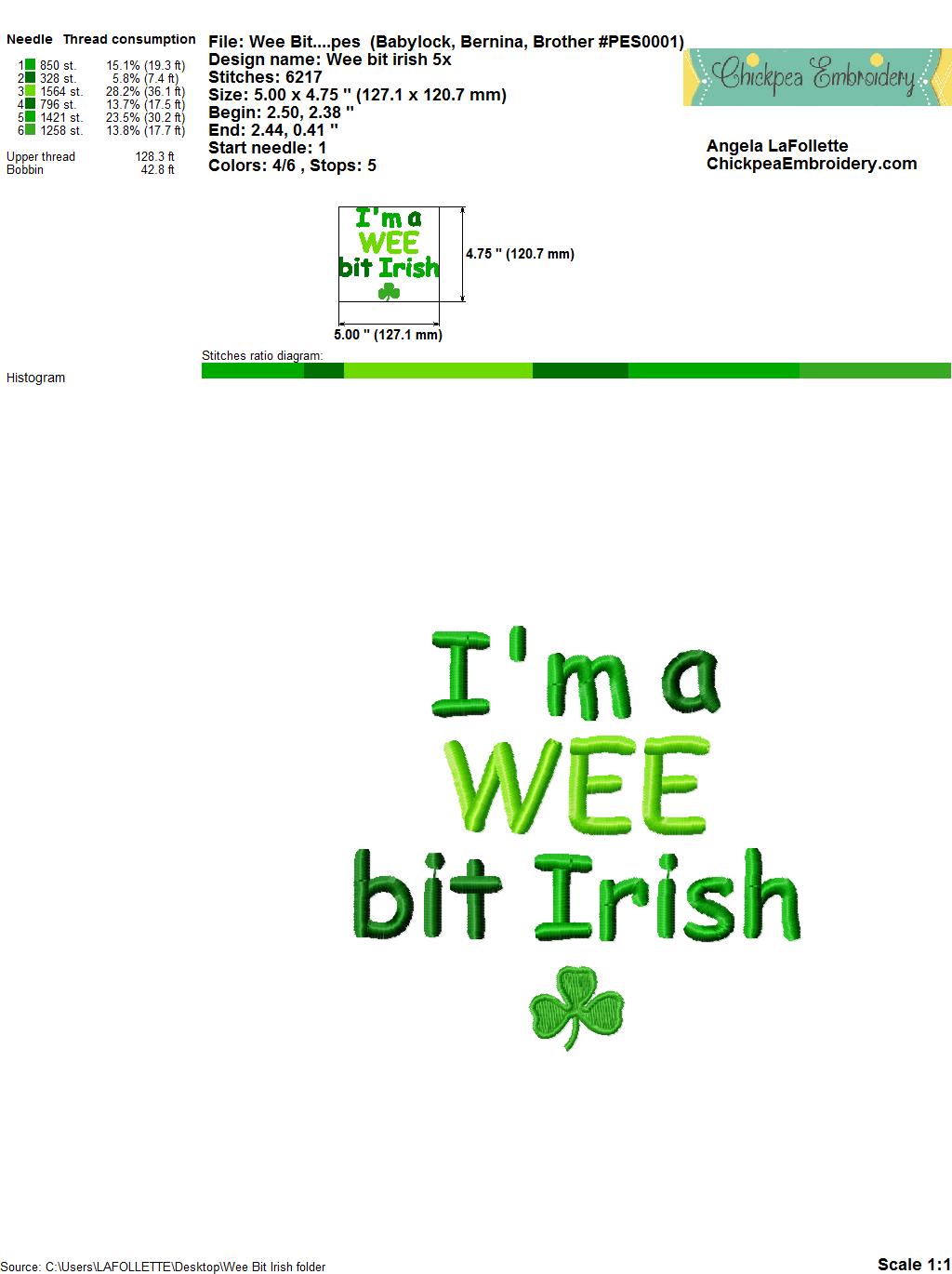 Wee Bit Irish St. Patrick's Day Embroidery Design for 4x4 and 5x7 Hoops