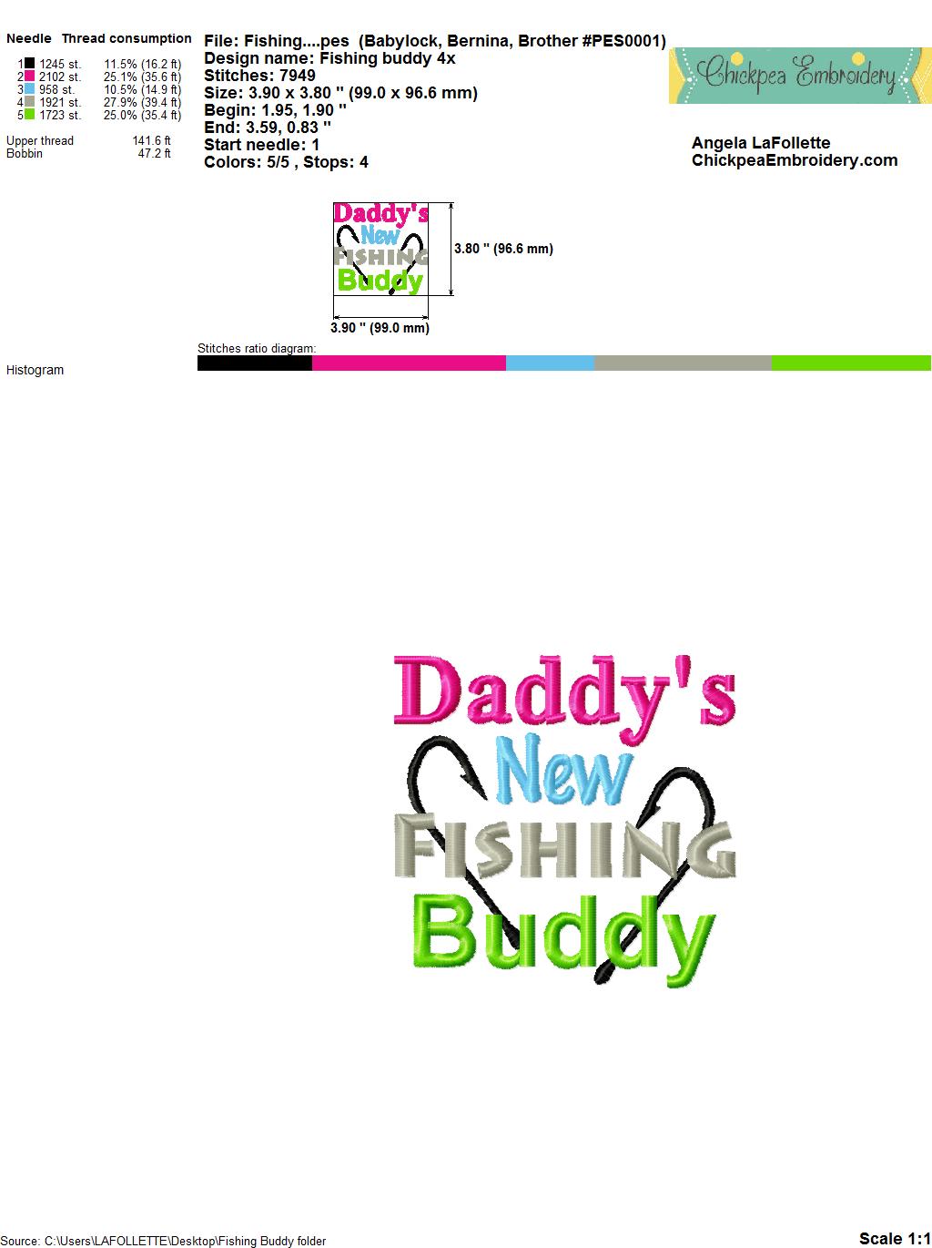 Daddy's New Fishing Buddy Embroidery Design